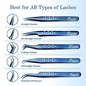 BICAREE Eyelash Extension Tweezers for Isolation & Classic Lashes, Stainless Steel Precision Tweezers (Straight, Blue)