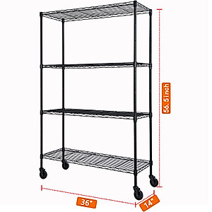 4-Shelf Adjustable Heavy Duty Storage Shelving Unit on 4 Wheel Casters, Metal Organizer Wire Rack for Laundry Bathroom Kitchen Pantry Closet, Black