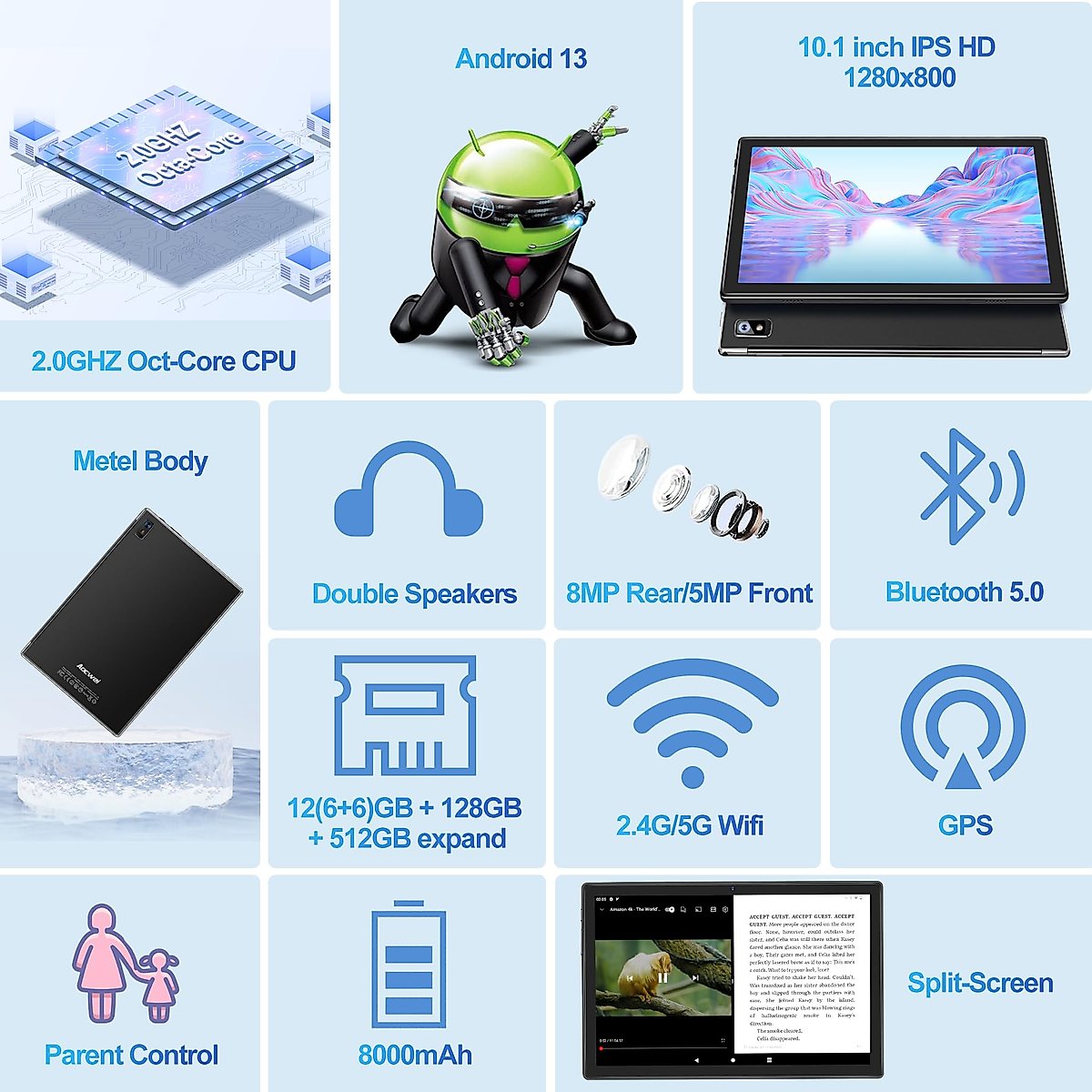 2024 Newest 10 Inch Tablet Android 13 Tablets with Keyboard, 12GB RAM 128GB ROM 512GB Expand, Octa-Core, 5G/2.4G WiFi, HD IPS Display, 8000mAh Tablet PC with Case Mouse GPS Split Screen Support-Black