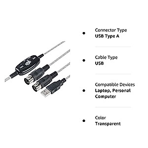TENINYU USB to MIDI Cable Converter 2 in 1 PC to Synthesizer Music Studio Keyboard Interface Wire Plug Controller Adapter Cord 16 Channels Supports Computer Laptop Windows and Mac