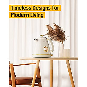 Hazel Quinn Retro Electric Kettle - 1.7 Liters / 57.5 Ounces Tea Kettle with Thermometer, All Stainless Steel, Fast Boiling 1200W, BPA-free, Cordless, Rotational Base, Automatic Shut Off - Pearl White