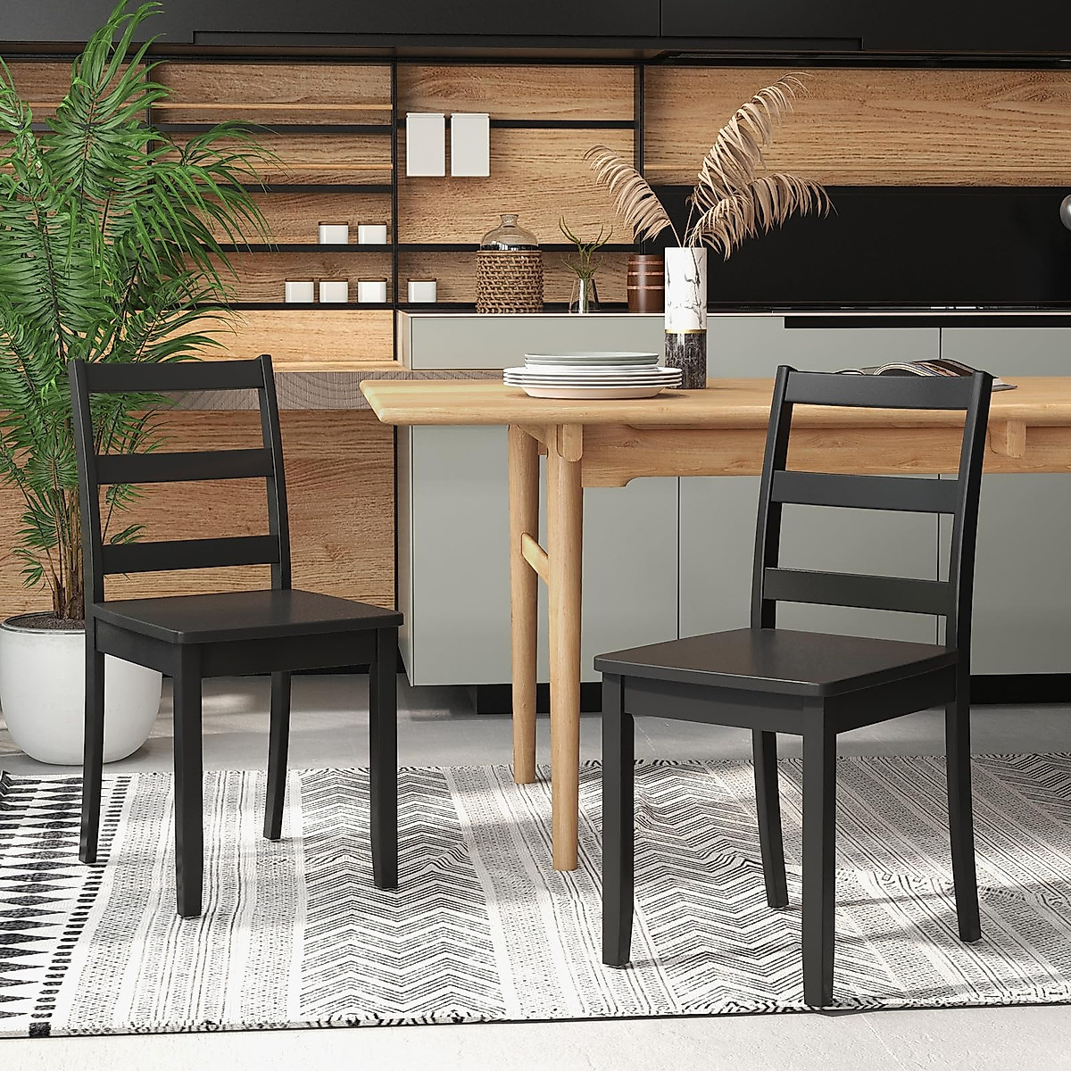 Giantex Wood Dining Chairs Set of 4 Black- Wooden Armless Kitchen Chairs with Solid Rubber Wood Legs, Non-Slip Foot Pads, Max Load 400 Lbs, Farmhouse Style High Ladder Back Wooden Dining Room Chairs