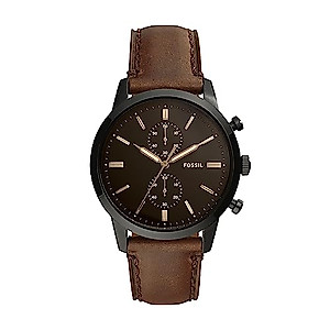 Fossil Men's Townsman Quartz Stainless Steel and Leather Chronograph Watch, Color: Black, Dark Brown (Model: FS5437)