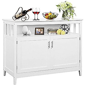 Costzon Kitchen Sideboard Storage Cabinet, Wooden Server Buffet Mid Century Modern Sideboard, Free Standing Narrow Storage Cupboard with 2-Level Open Adjustable Shelf for Home Living Room (White)