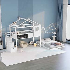 Bellemave House Bunk Beds with Stairs Twin Over Full Low Bunk Bed with Blackboard Wood Playhouse Floor Bunk Bed for Kids Girls Boys Teens, White