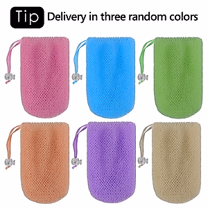 Linkidea 3 Pack Soap Bag, Exfoliating Soap Saver Pouch, Exfoliator Sponge Soap Pocket Drawstring Bags, Body Scrubber for Bath Shower (Three Random Color)