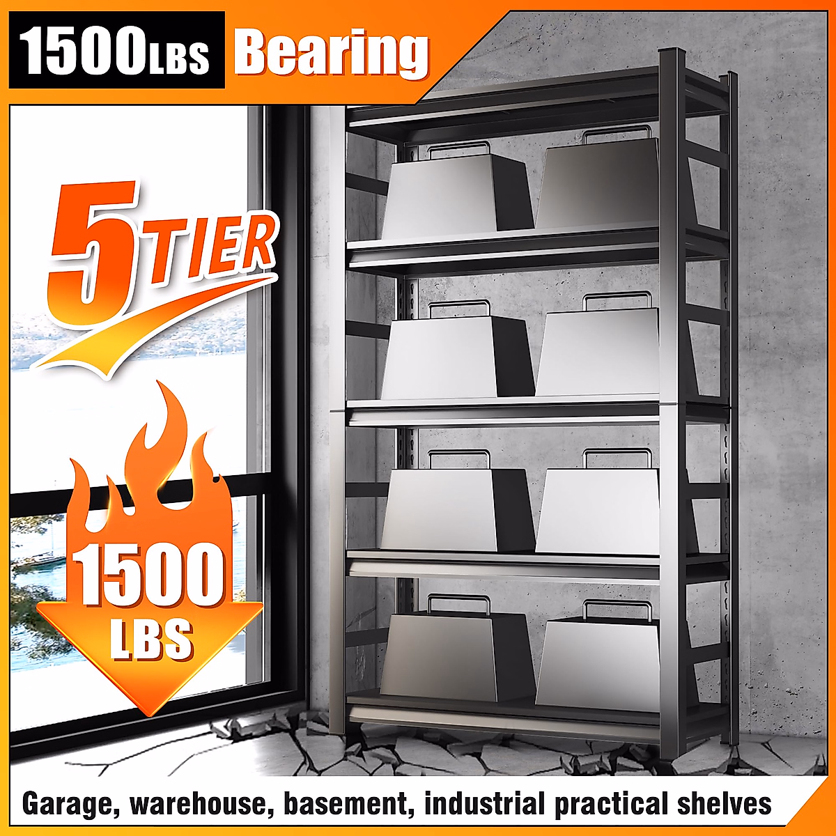 PRESTELION 63" H Garage Shelving,1500LBS Heavy Duty Garage Storage Shelves,Adjustable 5 Tier Metal Shelving Unit,for Garage Warehouse Basement Industrial Utility Racks,Black