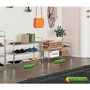 SKIKEN 2-Tier Low Shoe Rack, 100% Stainless Steel, Small Expandable Shoe Rack, Stretchable Rod, No Rust, Easy to Care, Simple Metal Storage Rack For Entrance, Stairs Side, Closet, Bathroom