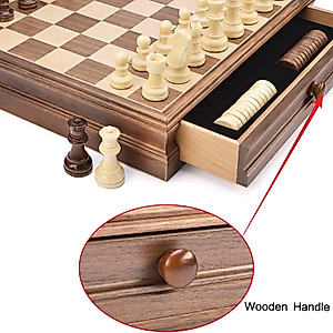 AMEROUS 15" x 15" Wooden Chess & Checkers Set with Built-in Storage Drawers/Weighted Chess Pieces / 2 Bonus Extra Queens / 24 Cherkers Pieces/Classic 2in1 Board Games for Kids, Adults
