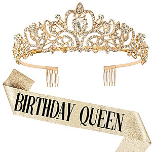 "Birthday Queen" Sash & Rhinestone Tiara Set COCIDE Silver for Women Birthday Decoration Kit Headband for Girl Glitter Crystal Hair Accessories for Party Cake Topper