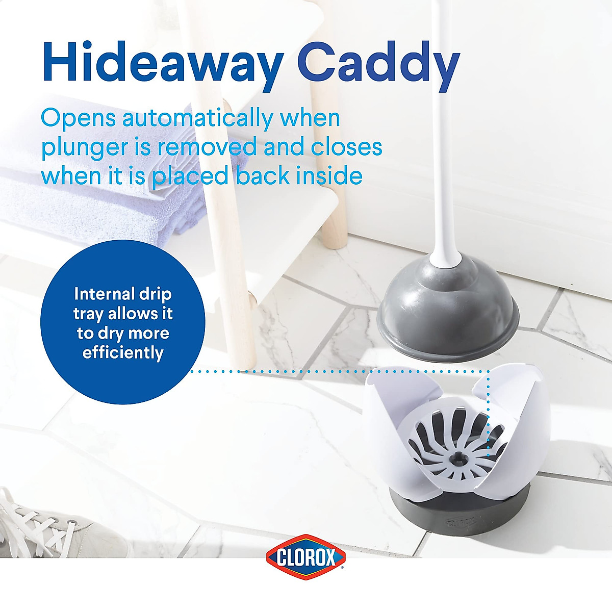 Clorox Toilet Plunger and Hideaway Caddy Bathroom Combo, White/Grey