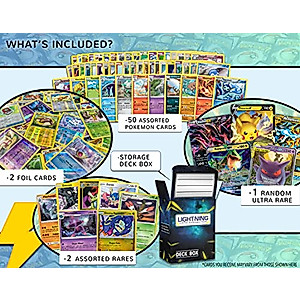 Lightning Card Collection's Ultra Rare Bundle- 50 Cards That inculdes (4 foil Cards and Rare Cards, 1 Random Legendary Ultra-Rare Card) and a deckbox Compatible with Pokemon Cards