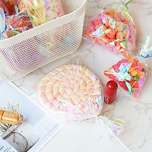 JESTAR Cellophane Treat Bags, 100PCS 5x7 Treat Bags with Ties Goodie Bags Iridescent Cellophane Bags Party Favor Bags for Kids Birthday Party Favors, Valentines Easter Halloween Weddings Baby Shower