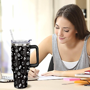 thmasamwr Goth Tumbler with Lid and Straw, Stainless Steel Gothic 40oz Tumbler with Handle, Black Moon Travel Coffee Mug Water Bottle, Goth Gifts Cups for Women and Men