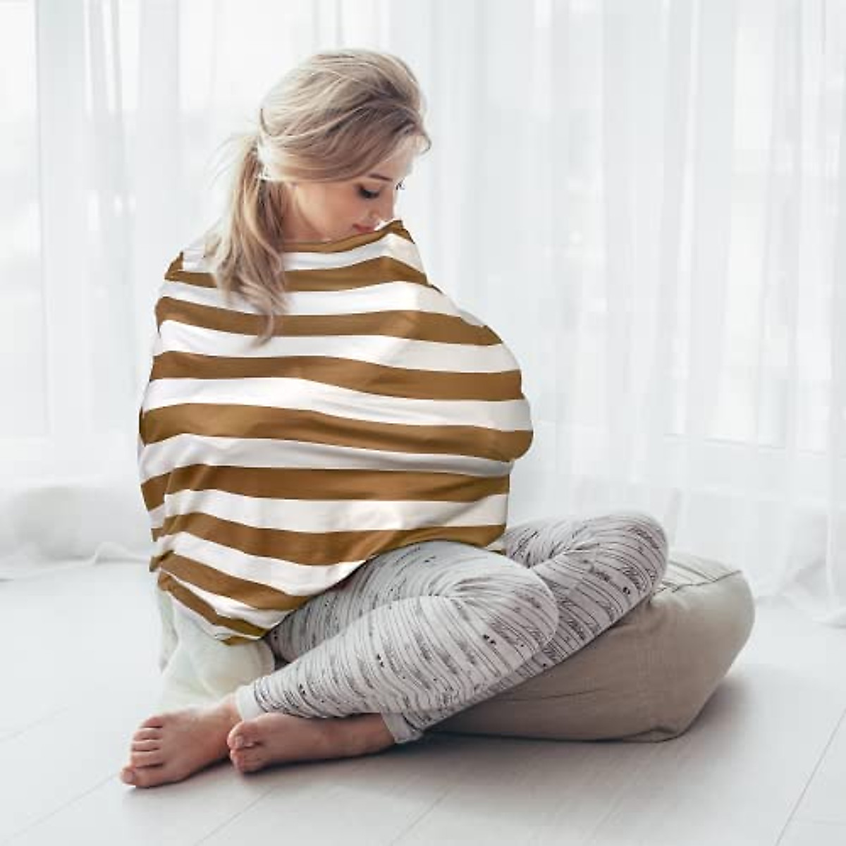 Baby Carseat Nursing Cover - Car Seat Cover for Baby Boys & Girls - All-in-1 Breastfeeding Covers - Stripe Multi Use Stretchy Stroller Covers - Storage Bag, Brown&Cream…