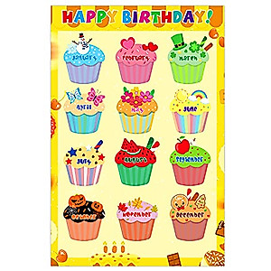 WaaHome Happy Birthday Chart Poster 12''x18'' Birthday Classroom Decorations Cupcakes Birthday Poster Calendar for Back to School Classroom Bulletin Board Decorations Teaching Supplies