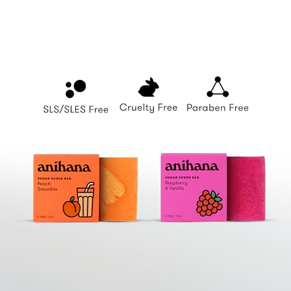 ANIHANA Sugar Scrub Soap Bars 4 Pack with Coconut Oil, Moisturizing, Exfoliating Body Scrub, Refreshing Raspberry Vanilla and Peach Smoothie Scents 3.6 Oz each