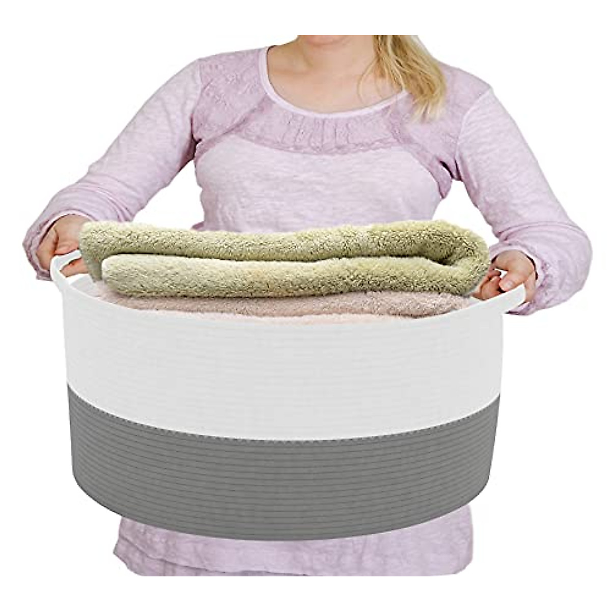 Round Cotton Laundry Rope Basket Natural Pure Woven Perfect for Blankets, Pillows, Toys and Any Other Storage in the Living or Any Other Room Grey/White (XXXL - 22" X 14")