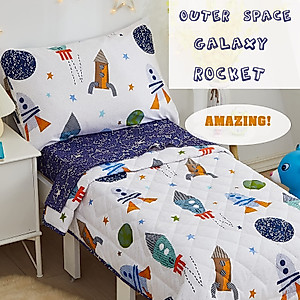 Brandream Outer Space Toddler Bedding Sets for Boys Spaceship Galaxy Rocket Bed in A Bag Cotton Comforter Set, 4PCS Includes Comforter, Top Sheet, Mattress Sheet, Pillowcases