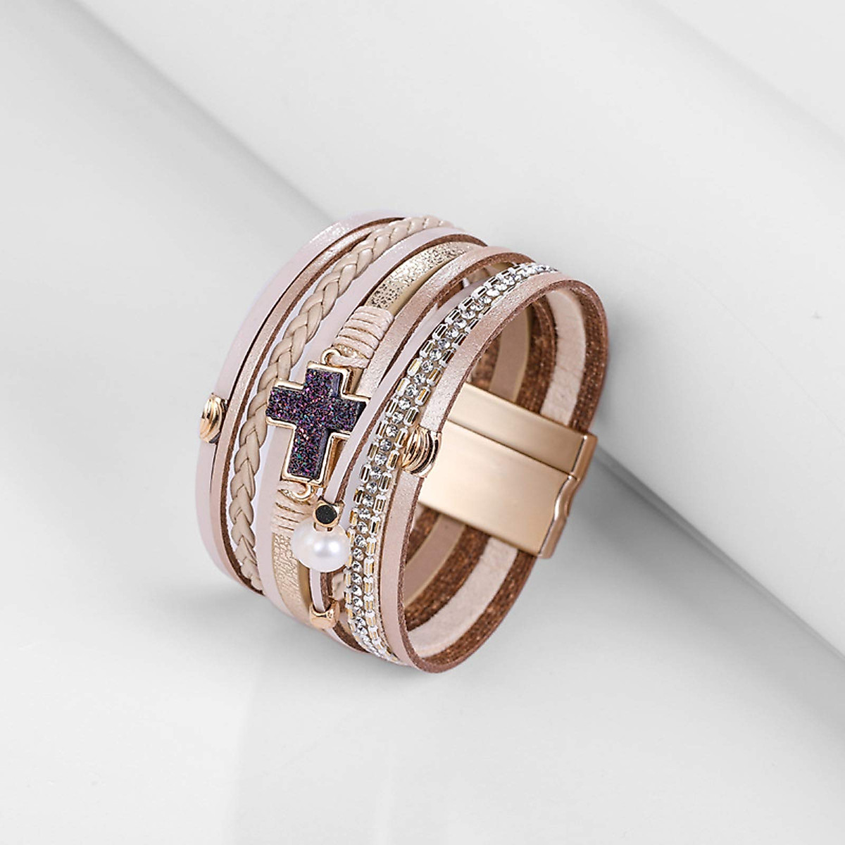 Hutou Leather Wrap Bracelet Boho Cuff Bracelets for Women Crystals Cross Bracelet Jewelry Gifts for Her Beige