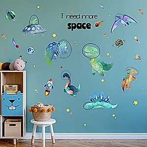 Yovkky Boys Space Dinosaurs Astronauts Wall Decal, Funny Peel Stick Dino Animal Planet Stickers Nursery Spaceship Rocket Decor, Home Baby Room Decorations Kids Bedroom Playroom Art Party Supply Gift