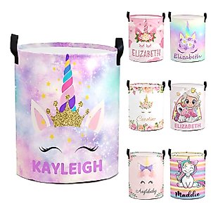 Unicorn Laundry Basket Personalized Laundry Hamper Custom with Name for Girl Rainbow Collapsible Waterproof Storage Basket with Handles (Cute unicorn)