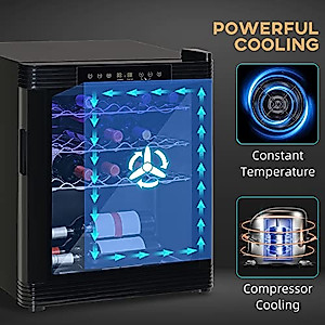 HOMCOM 18 Bottle Wine Cooler, Mini Beverage Fridge, Freestanding Wine Cellar with Digital Temperature Control, 3 Removable Shelves, Glass Door, Alarm Function and LED Lighting, Black