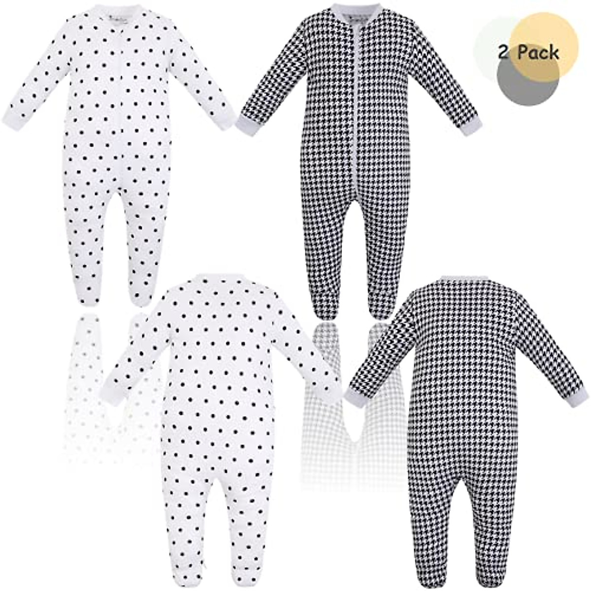 Jimonda Baby Girls Boys Pajamas,Organic Cotton PJS Sleeper,Zipper Closure Non-Slip Footie (Houndstooth&Dots, 9-12 Months)