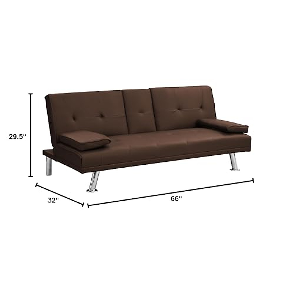 Eafurn Convertible Futon Bed with 2 Cup Holders, Modern Split-Back Folding Loveseat Sleeper w/Adjustable Backrest,Small Sofa & Couches Sofabed, Brown PU
