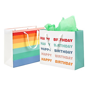Moretoes 2 Pack Birthday Gift Bags Matching Tissue Paper and Cards, Pretty Rainbow Gift Bags Happy Birthday Gift Bags for Men Women, 12.6" x 10.25" x 4.7"