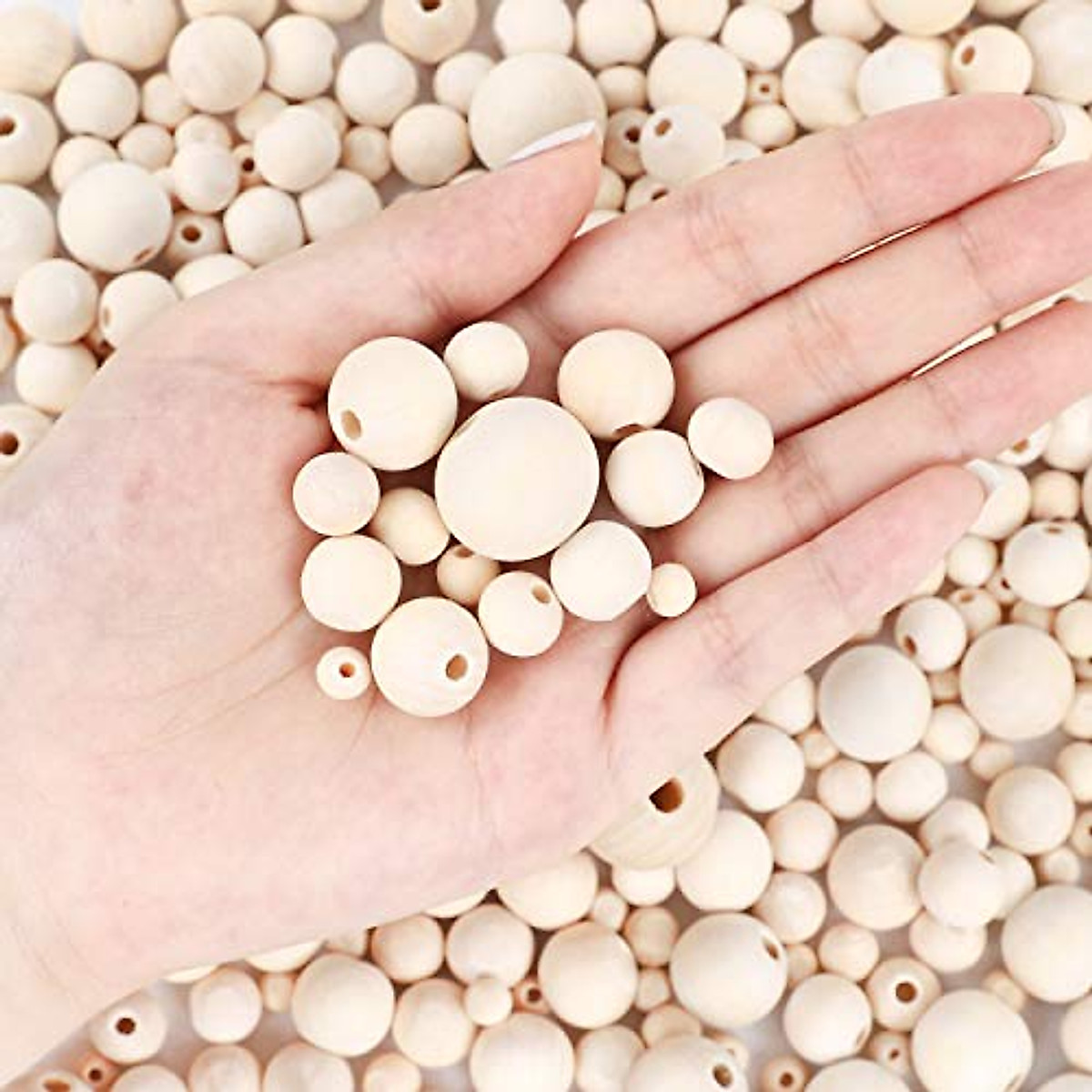 UOONY 800pcs Wooden Beads for Crafts 7 Sizes Unfinished Natural Wood Beads Wooden Beads Bulk 6mm, 8mm, 10mm, 12mm, 14mm, 16mm, 20mm Beads for Garland Macrame Jewelry Making DIY Farmhouse Decor