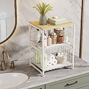 1Easylife Kitchen Counter Basket Wire Basket with Bamboo Top, 2 Tier Detachable Fruit Basket Metal Mesh Bin for Kitchen Organization and Storage, Spice Rack Organizer (White)