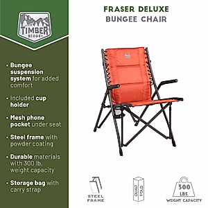 TIMBER RIDGE Bungee Folding Camping Chairs for Adults, Heavy Duty Collapsible Padded Chair with Armrests Cup Holder, Foldable Outdoor Lounge Chairs for Beach, Fishing, Lawn, Supports 300 lbs, Red