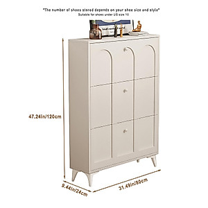 Modern Shoe Cabinet with 3 Flip Drawers,Adjustable Slim Freestanding Narrow Shoe Rack Tipping Bucket Shoe Cabinet with Door Open Shelves for Entryway