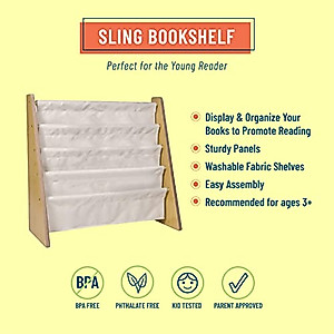 Wildkin Kids Canvas Sling Bookshelf for Boys and Girls, Wooden Design Features Four Fabric Shelves, Keep Bedrooms, Playrooms, and Classrooms Organized, Measures 25 x 24 x 11 Inches (Natural w/ Tan)