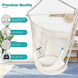Outerman Hammock Chair, Hanging Chair with 3 Cushions and Foot Rest Support, Durable Metal Spreader Bar Max 500 Lbs, Swing Chair for Bedroom, Indoor & Outdoor, Patio, Porch or Tree（White）