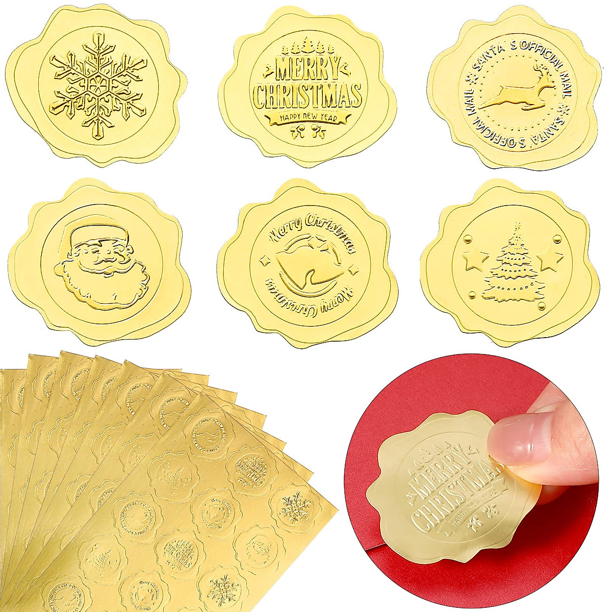 Gersoniel 480 Christmas Embossed Envelope Seals Stickers Wax Foil Seal Stickers Envelopes Self-Adhesive Seal for Greeting Card Wedding Party Decor(Funny Style,Gold)