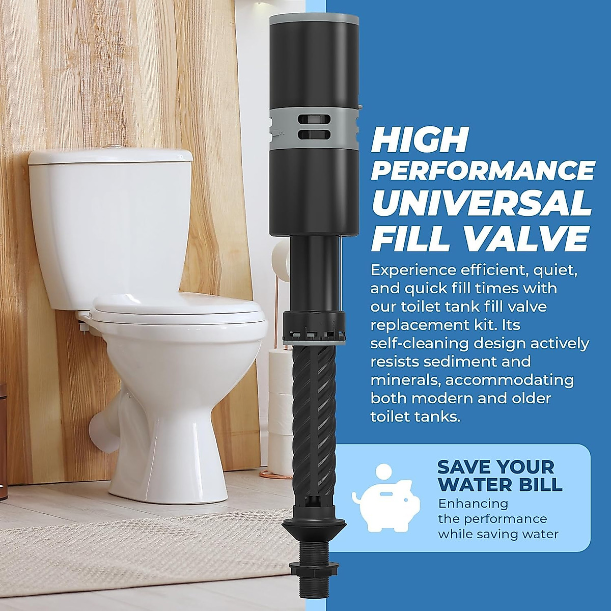 High Performance Universal Toilet Fill Valve Replacement Kit - Quiet and Fast Fill, Super Easy to Install (1-Pack)