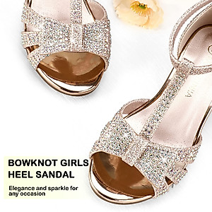 PANDANINJIA Sally Girls Heels Todder Rhinestone Dress Shoes Pump T Strap Open Toe Bow Little Big Kids Flower Girl Shoes(Gold Glitter 2 M US Little Kid)