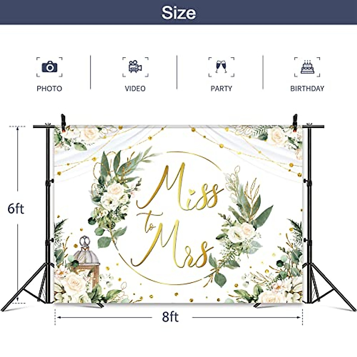 Omifly Miss to Mrs Backdrop 8x6ft Photography Wall Bridal Shower Rustic White Green Floral Wedding Bride to Be Background Engagement Party Decorations Cake Table Banner Decor Photo Booth Studio Props