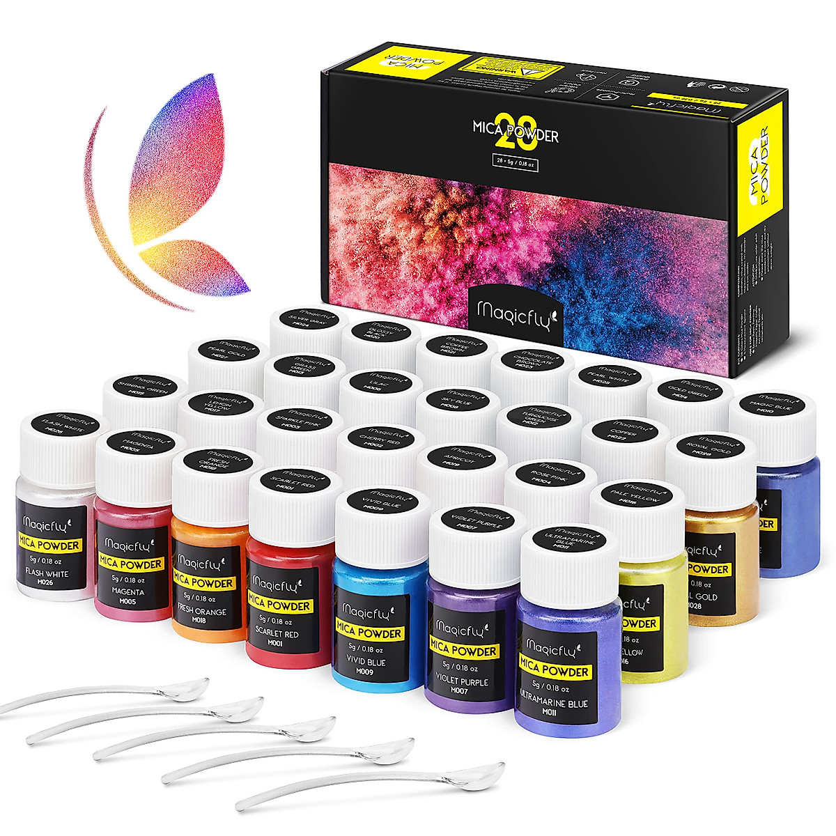 Magicfly 28 Colors Mica Powder, Colorant Paint and Dye for Epoxy Resin, Pigment Powder with 5 Spoons for Soap Making, Lip Gloss, Bath Bomb, Candle Making, Art Craft