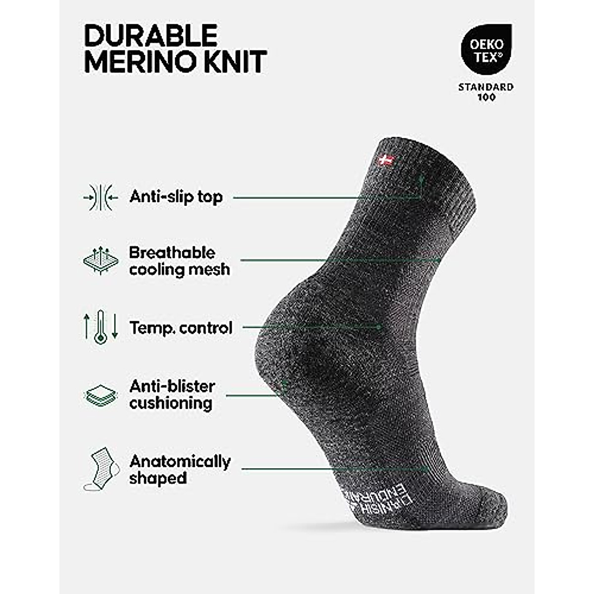 DANISH ENDURANCE Merino Wool Light Hiking Socks, Cushioned & Moisture Wicking Hiking Socks, Men, Women & Kids, 3 Pack
