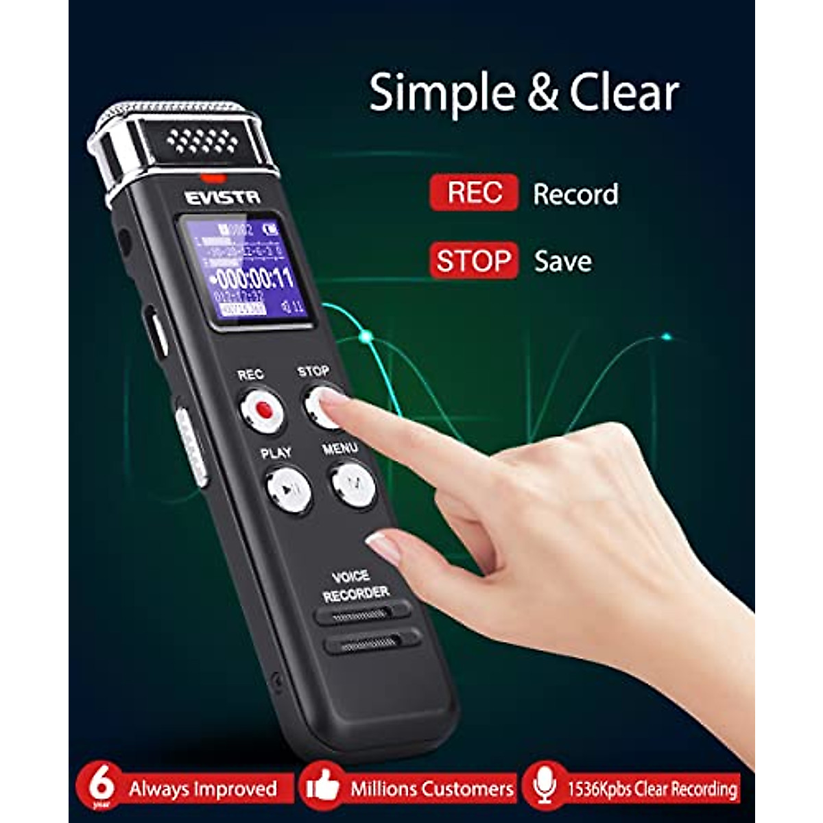 EVISTR 32GB Digital Voice Recorder Voice Activated Recorder with Playback - Upgraded Tape Recorder for Lectures, Meetings, Interviews, Audio Recorder USB Charge, MP3