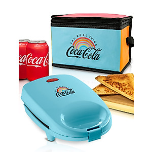 Nostalgia Coca-Cola Sandwich Maker with Beverage Cooler Bag, Non-Stick Panini Press with Lock Feature, Peace and Harmony