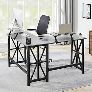 GreenForest L Shaped Desk with 2 Monitor Stand, 50.4 inch Reversible Corner Computer Desk for Home Office Study Gaming Workstation Crafting Table for Small Spaces Saving, Easy Assembly, Grey