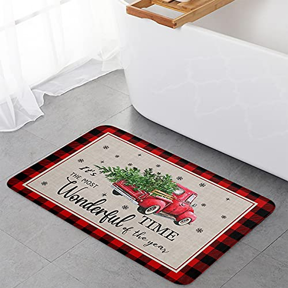 Quote Words 2PC Memory Foam Kitchen Mats Rectangle Water Absorbent Kitchen Rugs, Anti-Wear & Anti-Skid Floor Mat for Sink, Hallway 18x30in+18x48in Rustic Truck Christmas Tree Red Plaid