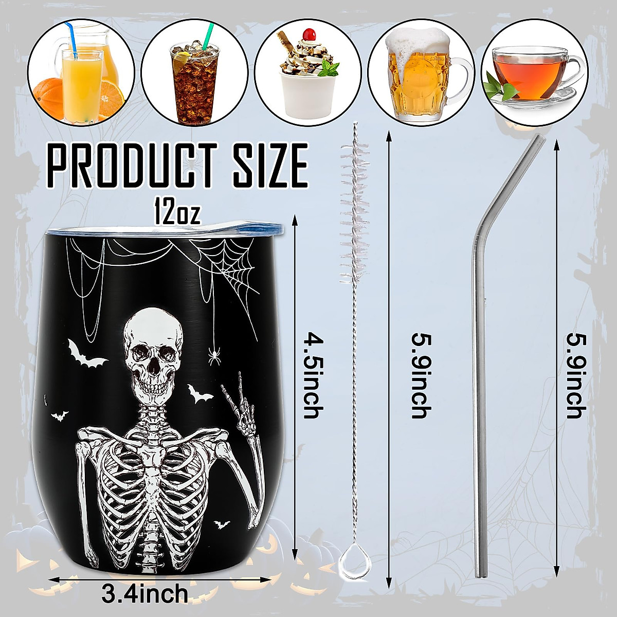 Whaline Halloween Stainless Steel Wine Tumbler with Straw and Lid Black White Skull Bat Coffee Mug Skeleton Insulated Wine Tumbler for Hot and Cold Drinks Gift