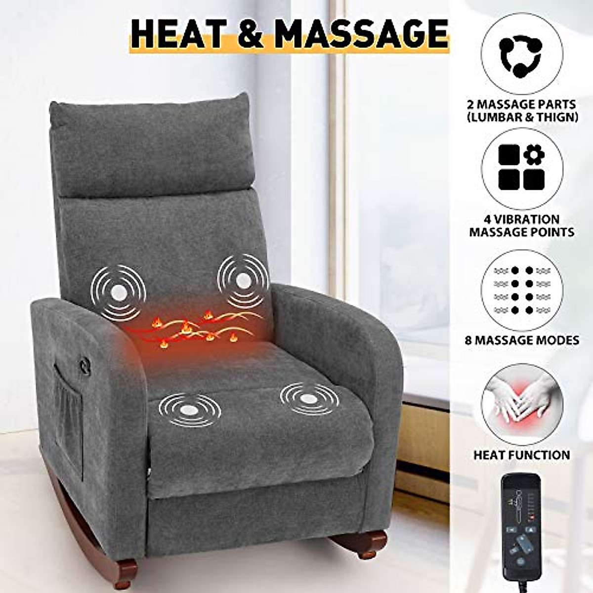 AVAWING Electric Massage Rocking Chair, Rocking Accent Armchair with Heat Function USB Ports, Rocker Fabric Padded Seat Wood Base, Modern High Back Armchair with Footrest Remote Control for Home,Grey
