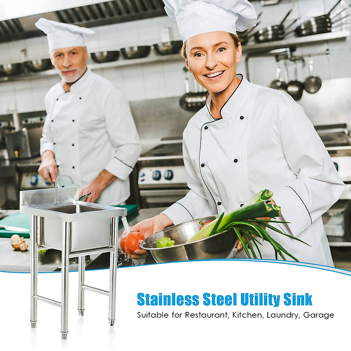 Utility Outdoor Sink for Washing, Stainless Steel Sink, with Faucet Drain, Storage Shelve Commercial Restaurant Sink for Laundry Garden Backyard Garage Outdoor (19.7"W x 19.7"D x 31.5"H)