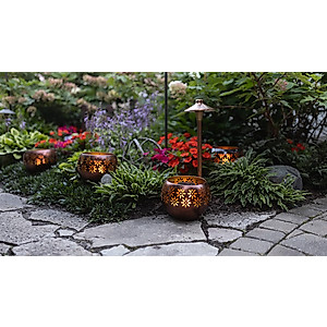 Solar Fire Bowl 8” 2-Pack Decorative Metal Solar Patio Light with Flickering Flame, Waterproof Dusk-to-Dawn Garden Lantern, Bronze/Copper